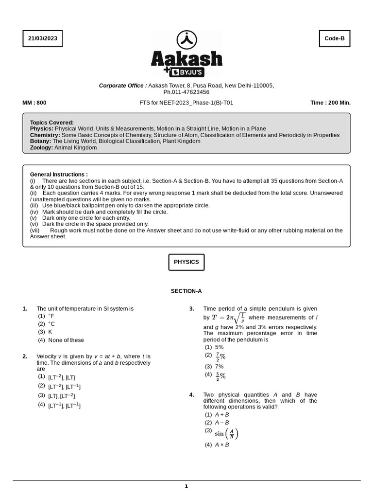 FTS-1 (Code-B) - 21!03!2023 Home Assignment With Answer Keys PDF | PDF | Acceleration | Velocity
