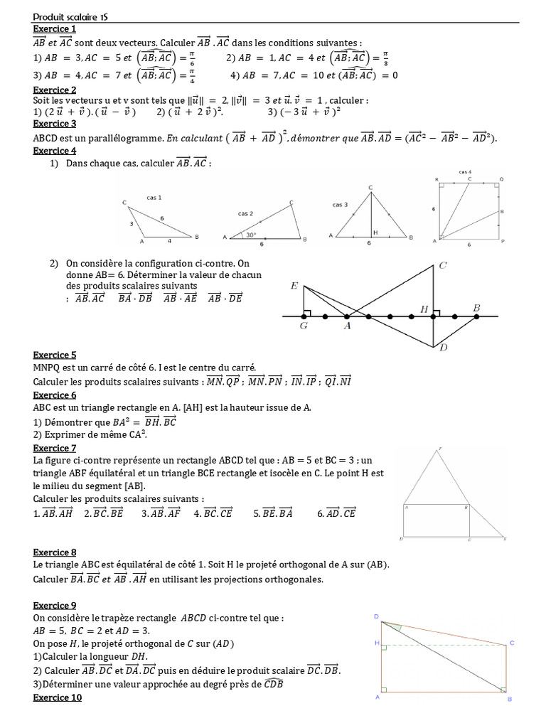 Exercices sur le produit scalaire 1S | PDF | Cercle | Triangle