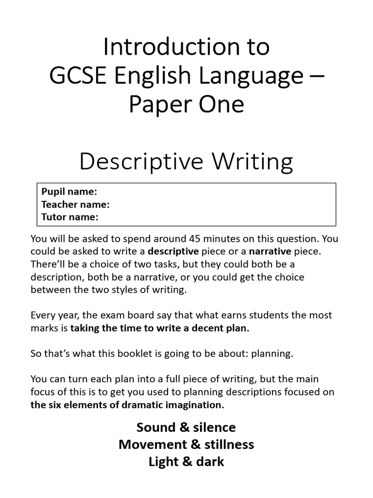Descriptive Writing Booklet 6 Elements | PDF | Light | Silence