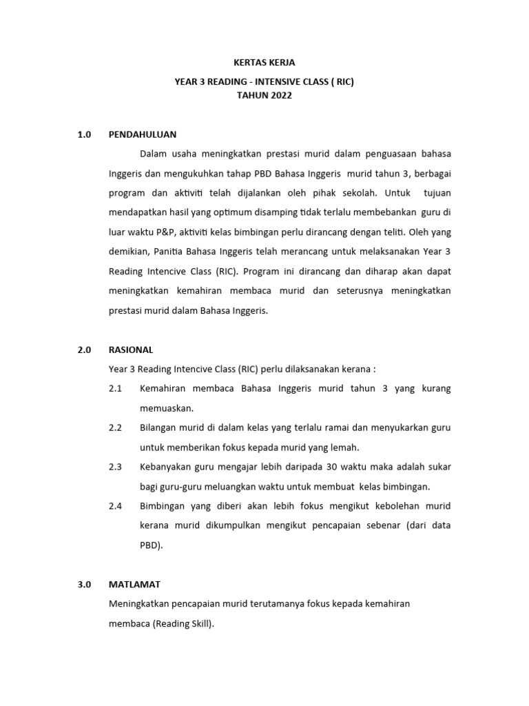 Kertas Kerja Reading Intensive Class (RIC) | PDF