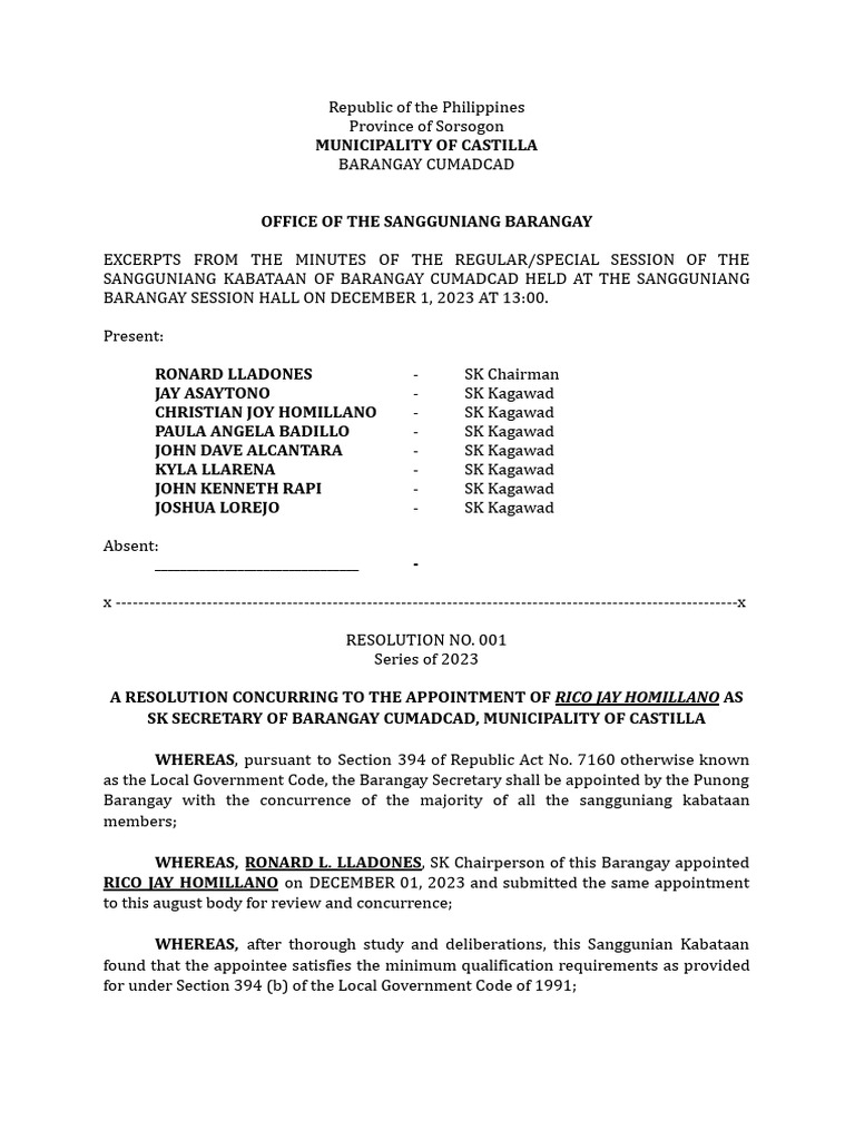 2.-Resolution-on-the-Appointment-of-Barangay-Secretary.docx | PDF ...