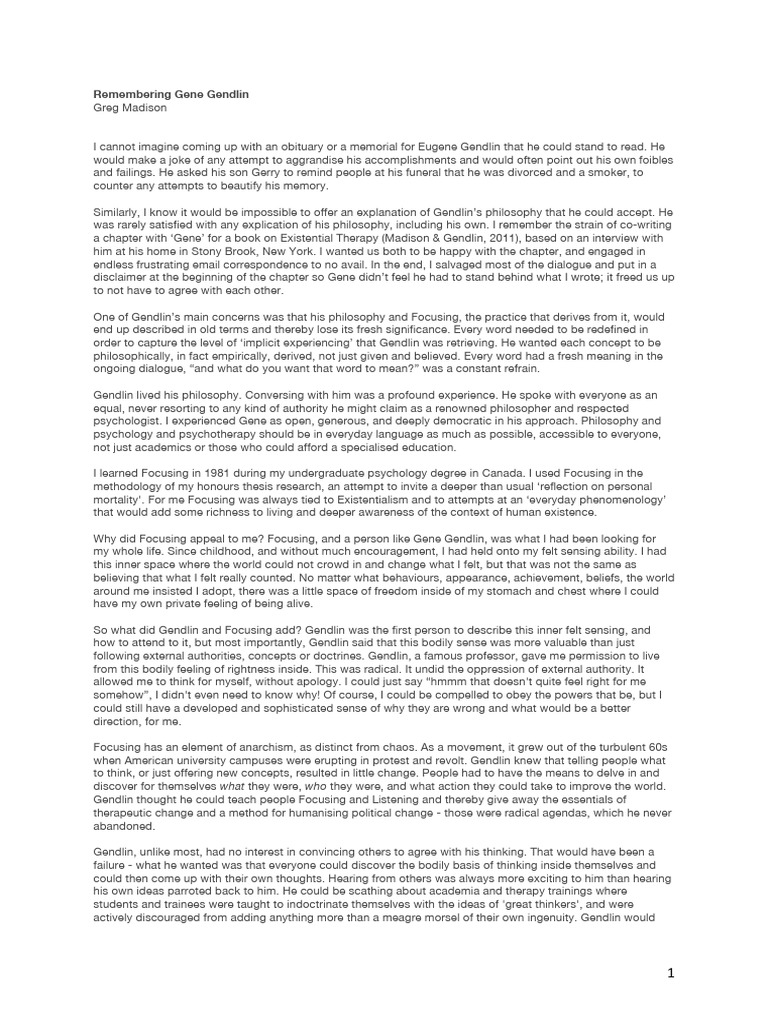 Remembering Eugene Gendlin | PDF | Psychology