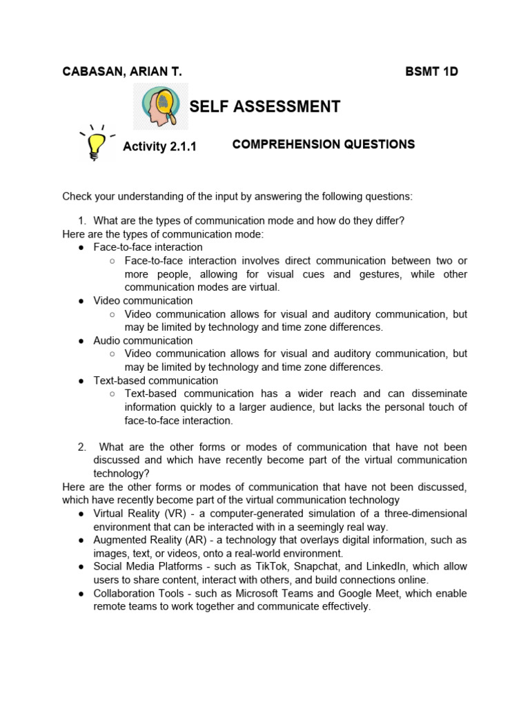 Act 2.1.1 Self Assessment | PDF | Communication | Instant Messaging
