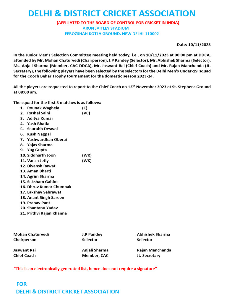 Cooch Behar Trophy Team | PDF