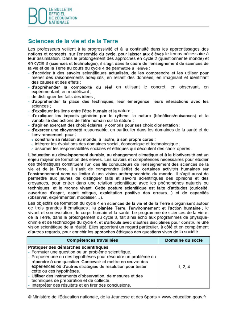 Programme Cycle 4 - Extrait SVT (2020) | PDF