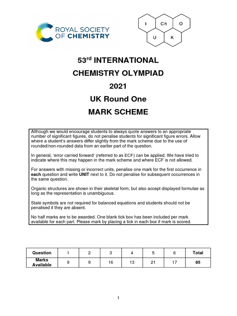UKCHO 2021 Mark Scheme Overview | PDF | Alkene | Chemistry