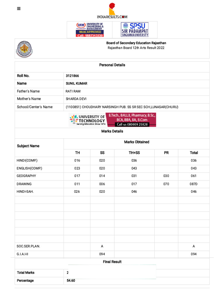 BSER Rajasthan Board 12th Arts Result 2022 - Board of Secondary ...