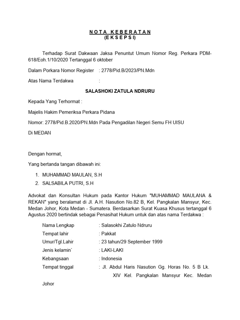 Nota Keberatan Pidana | PDF