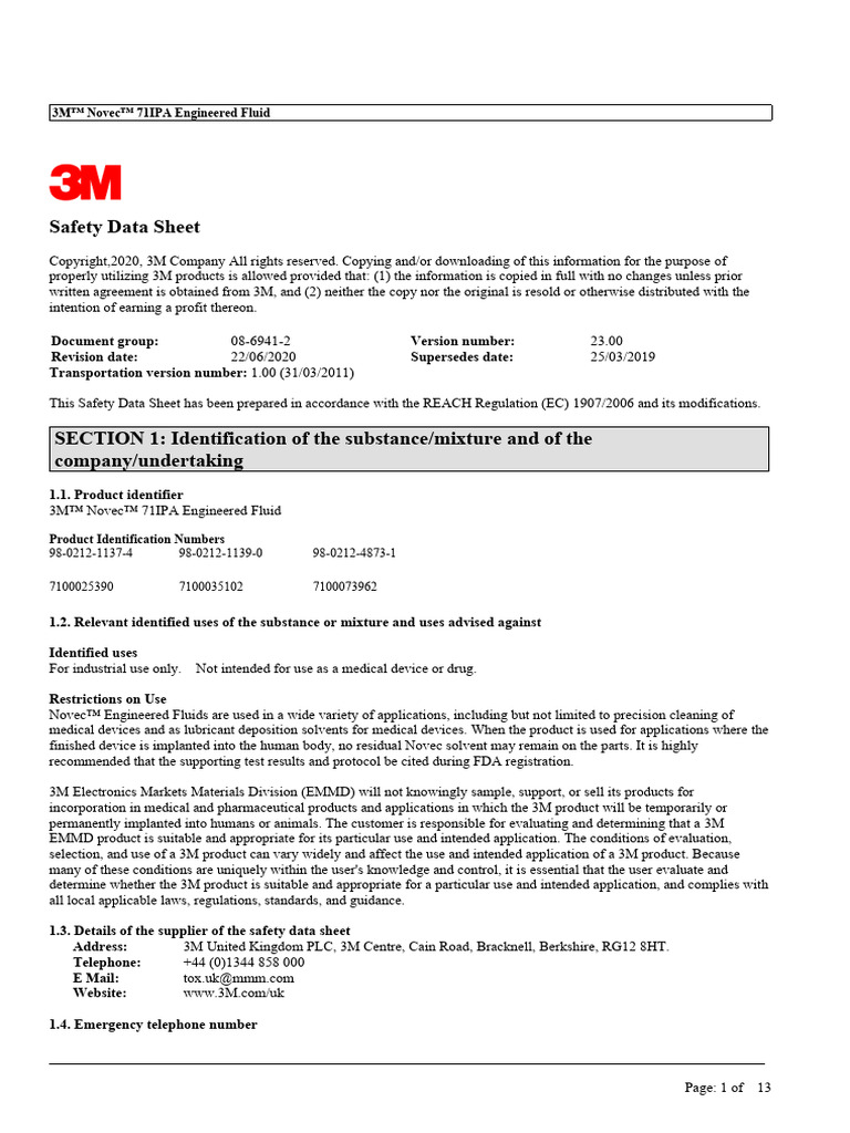 3m Novec 71ipa Engineered Fluid SDS | PDF | Waste | Toxicity