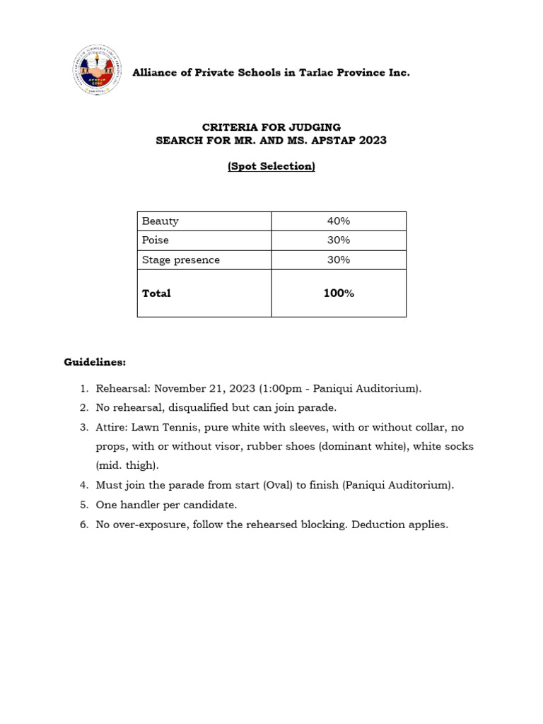 Criteria For Judging MR Ms Apstap 2023 | PDF