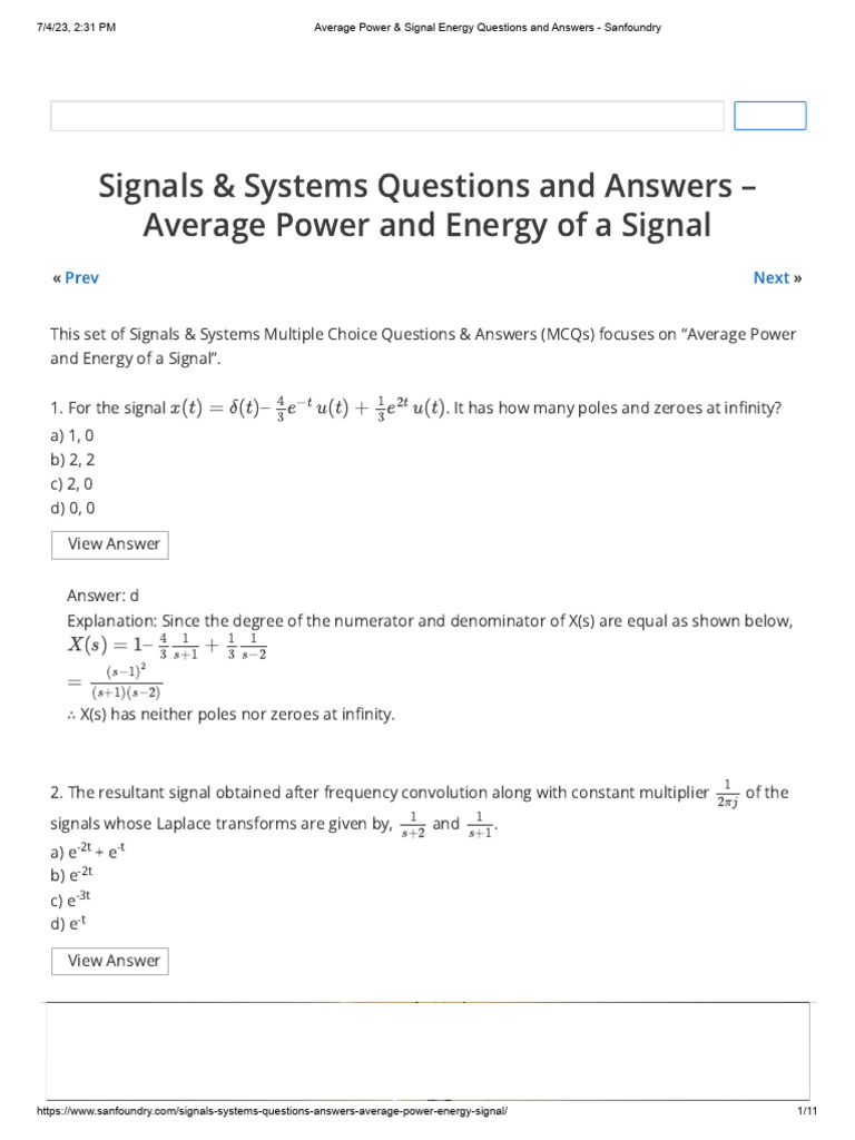 Average Power And Signal Energy Questions And Answers Sanfoundry Pdf Signal Processing