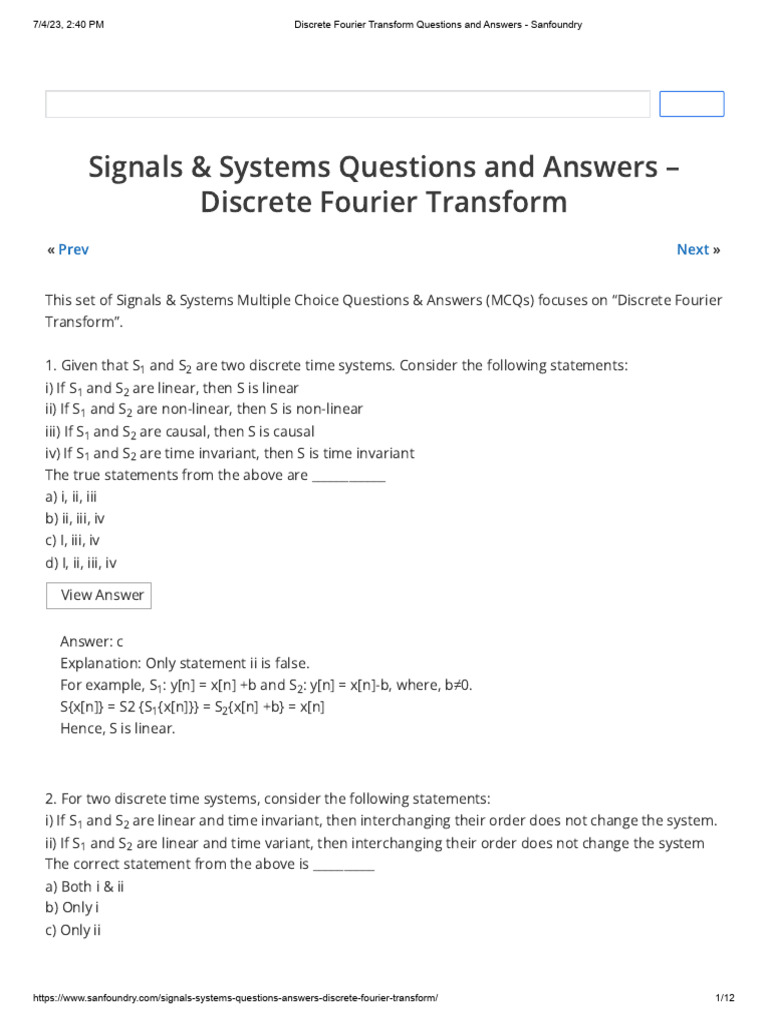 Discrete Fourier Transform Questions and Answers - Sanfoundry | PDF | Applied Mathematics ...