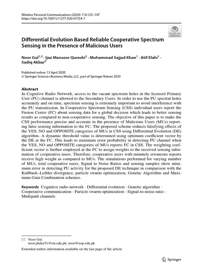 Differential Evolution Based Reliable Cooperative Spectrum Sensing In The Presence Of Malicious