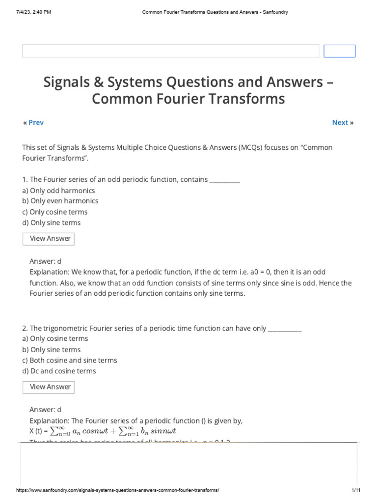 Common Fourier Transforms MCQs | PDF | Trigonometric Functions ...