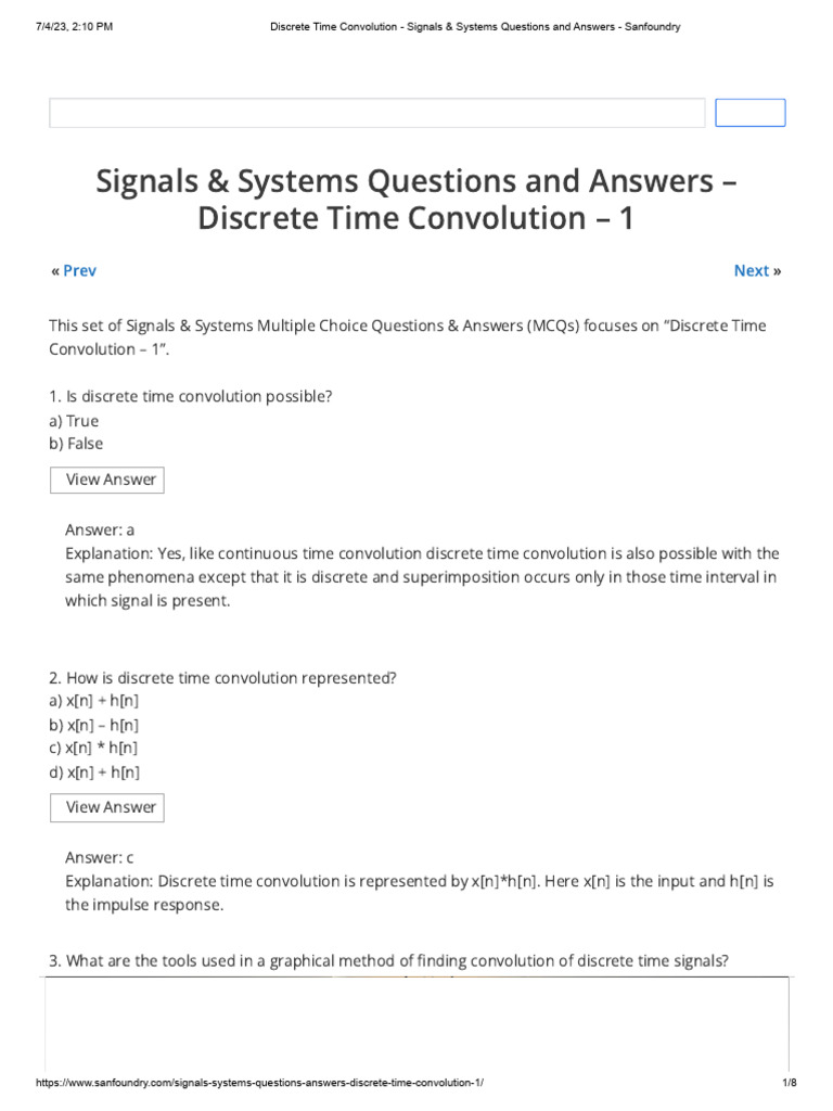 Discrete Time Convolution - Signals & Systems Questions and Answers ...
