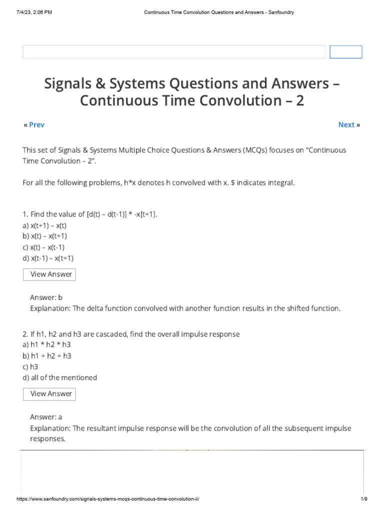 Continuous Time Convolution Questions and Answers - Sanfoundry | PDF