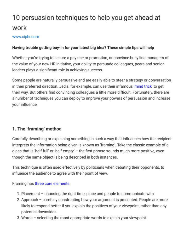 10 Persuasion Techniques To Help You Get Ahead at Work - Ciphr | PDF ...