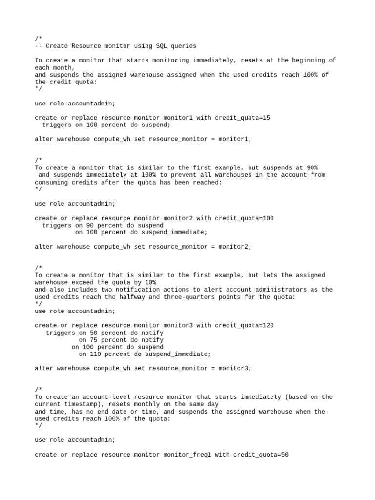 SQL Queries To Create Resource Monitors | PDF | Computing | Data Management