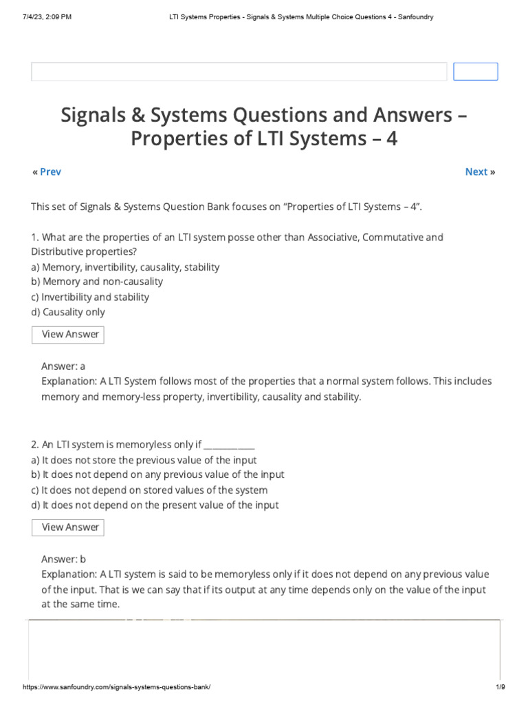 LTI Systems Properties - Signals & Systems Multiple Choice Questions 4 ...