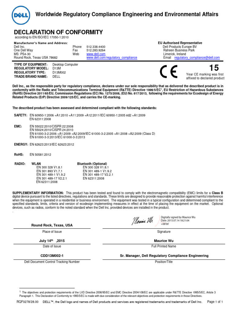Declaratie de conformitate Dell D13M | PDF