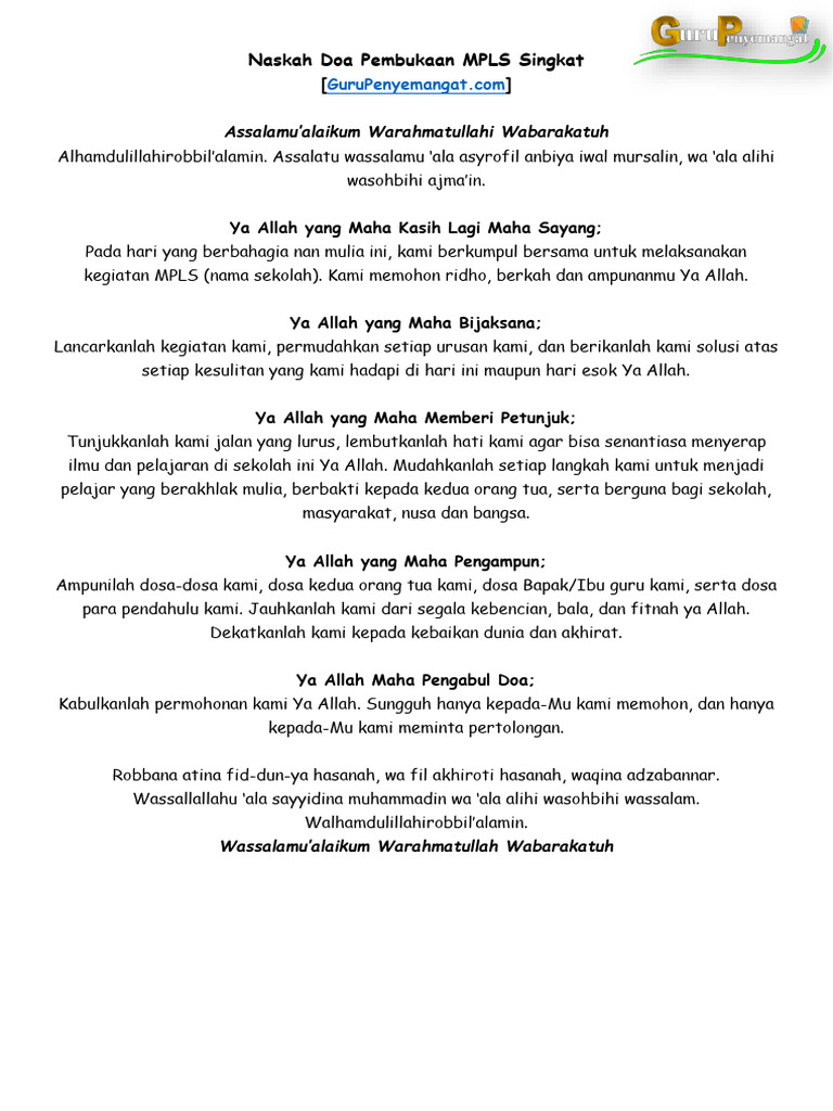 Naskah Doa Pembukaan MPLS Singkat | PDF
