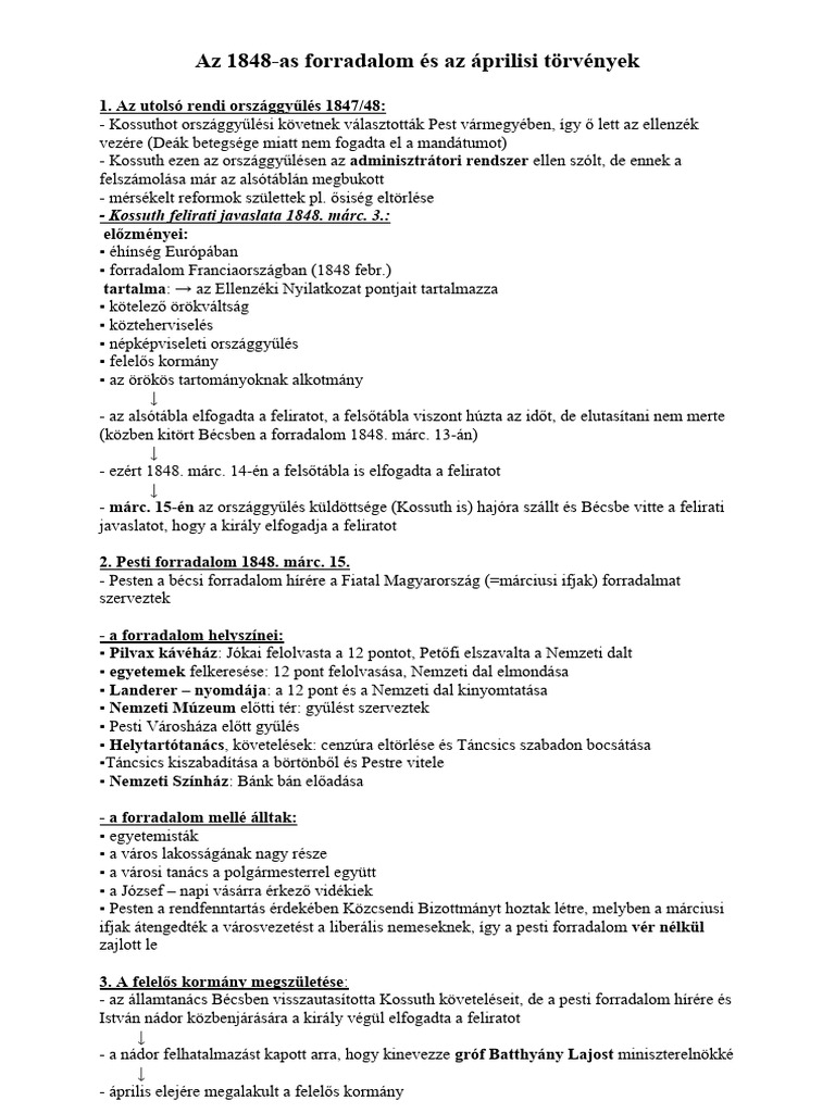 A Pesti Forradalom Eseményeiaz Áprilisi Törvények Próbaérettségi | PDF