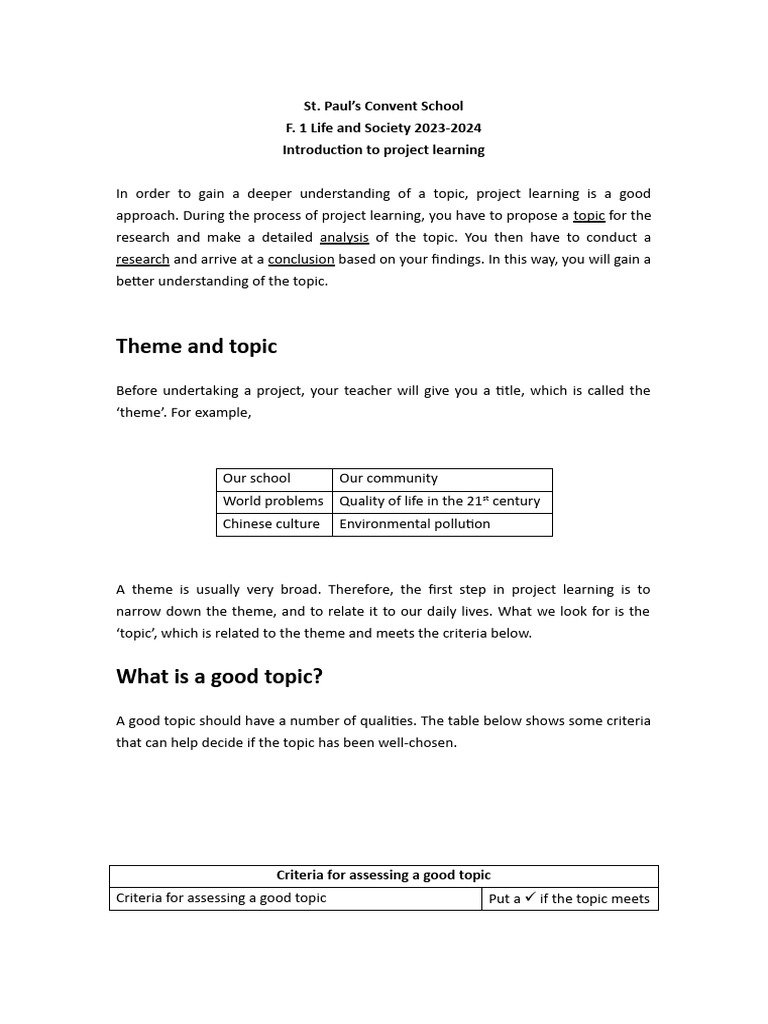 F.1 L&S Introduction To Project Learning 2023-2024 2 | PDF