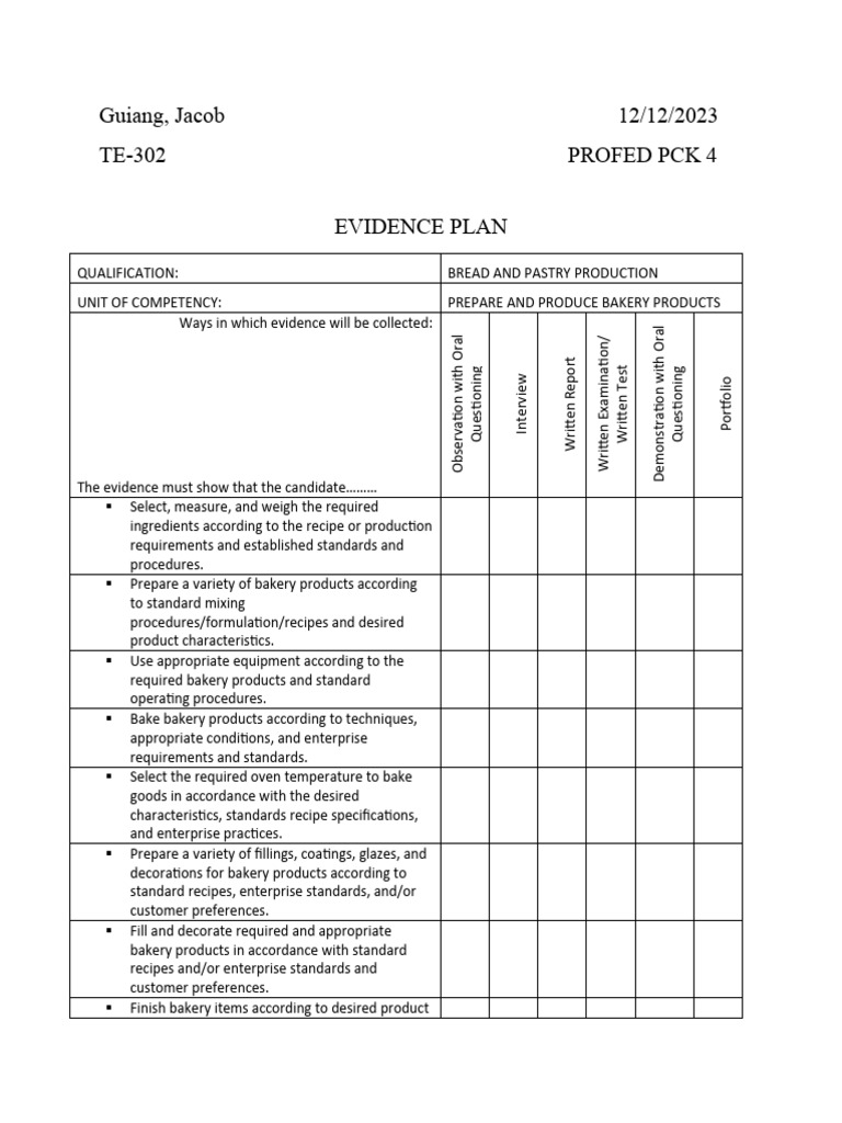 Evidence Plan 1 | PDF | Bakery | Baking