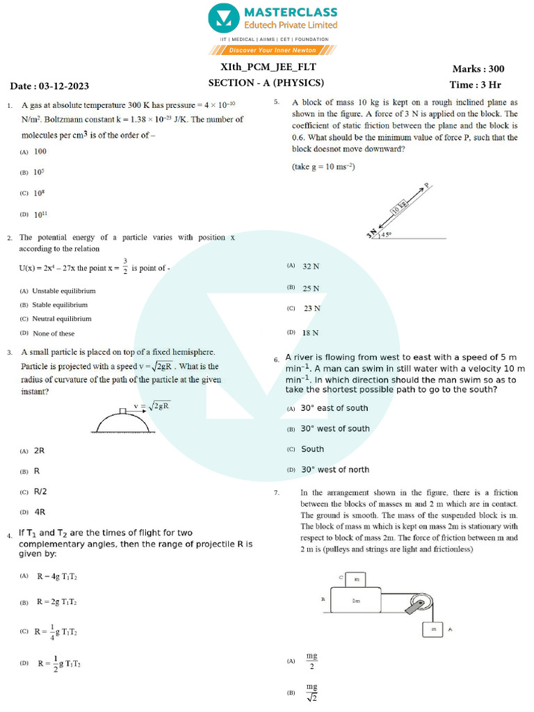 XI - FLT - PCM - JEE Paper - (QP) - (03-12-2023) | PDF | Science & Mathematics