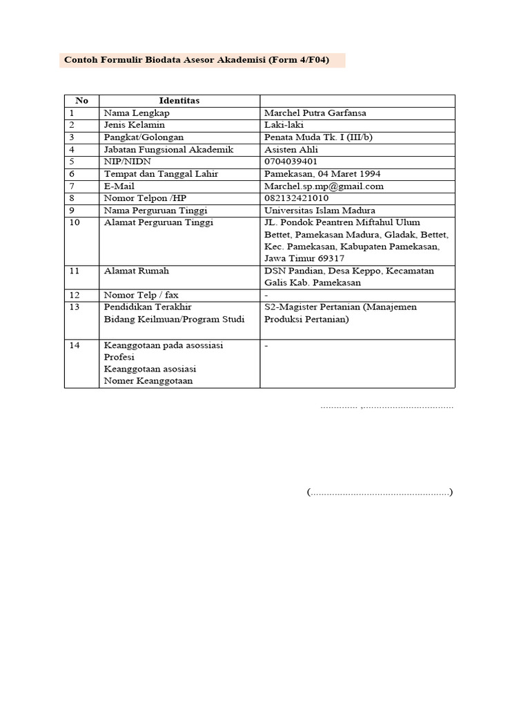 Contoh Formulir Biodata Asesor Akademisi (Form 4 F04) | PDF