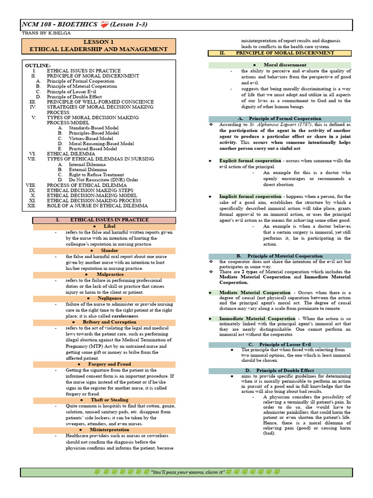 Bioethics in Nursing: Ethical Issues & Principles | PDF | Career & Growth