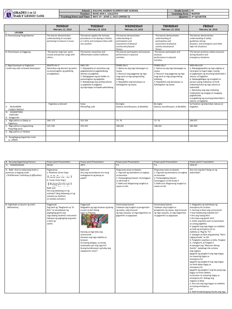 DLL - Mapeh 4 - Q4 - W5 | PDF