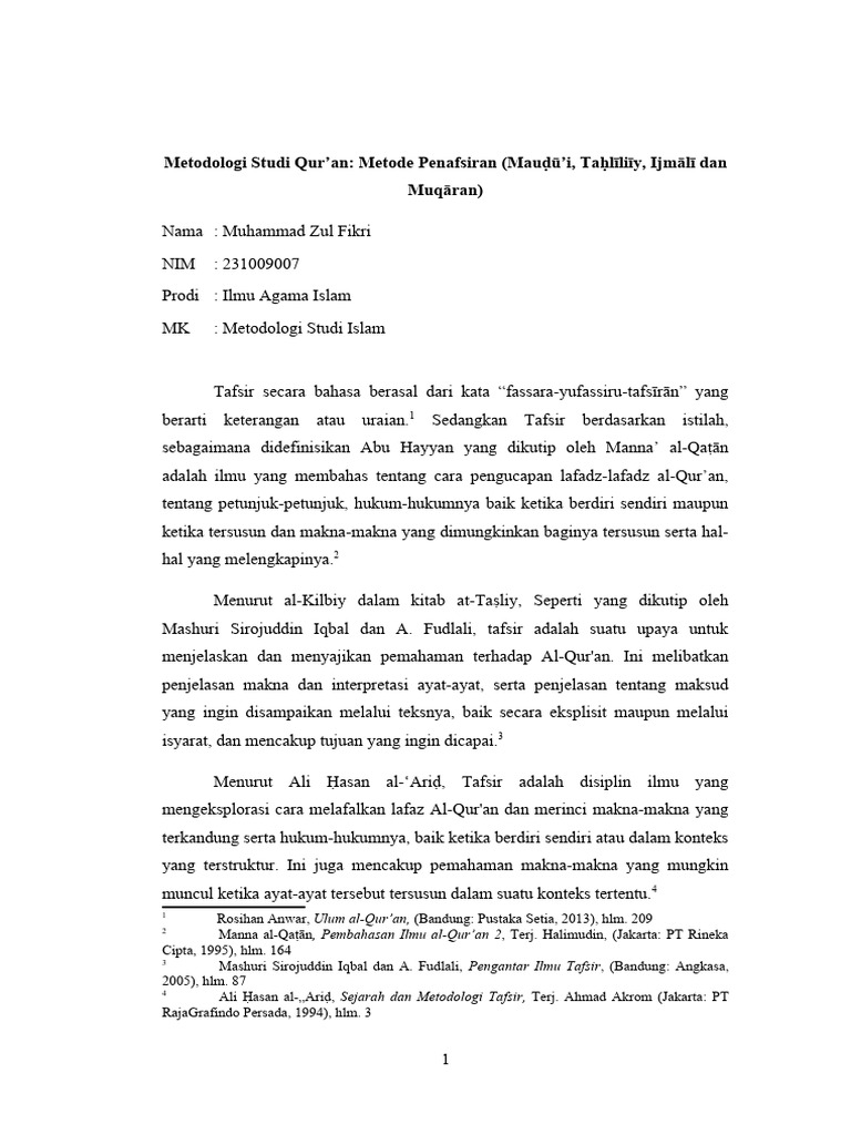 Metode Penafsiran Al-Qur'an: Mauḍū’i dan Lainnya | PDF
