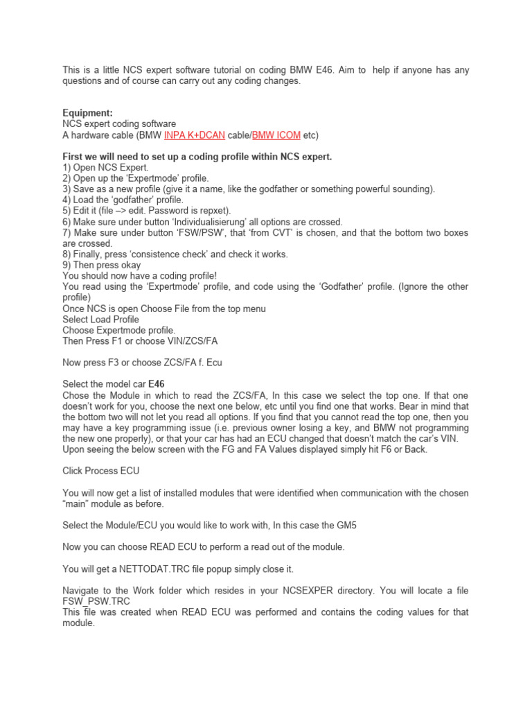 This Is A Little NCS Expert Software Tutorial On Coding BMW E46 | PDF | Computer File | Transport