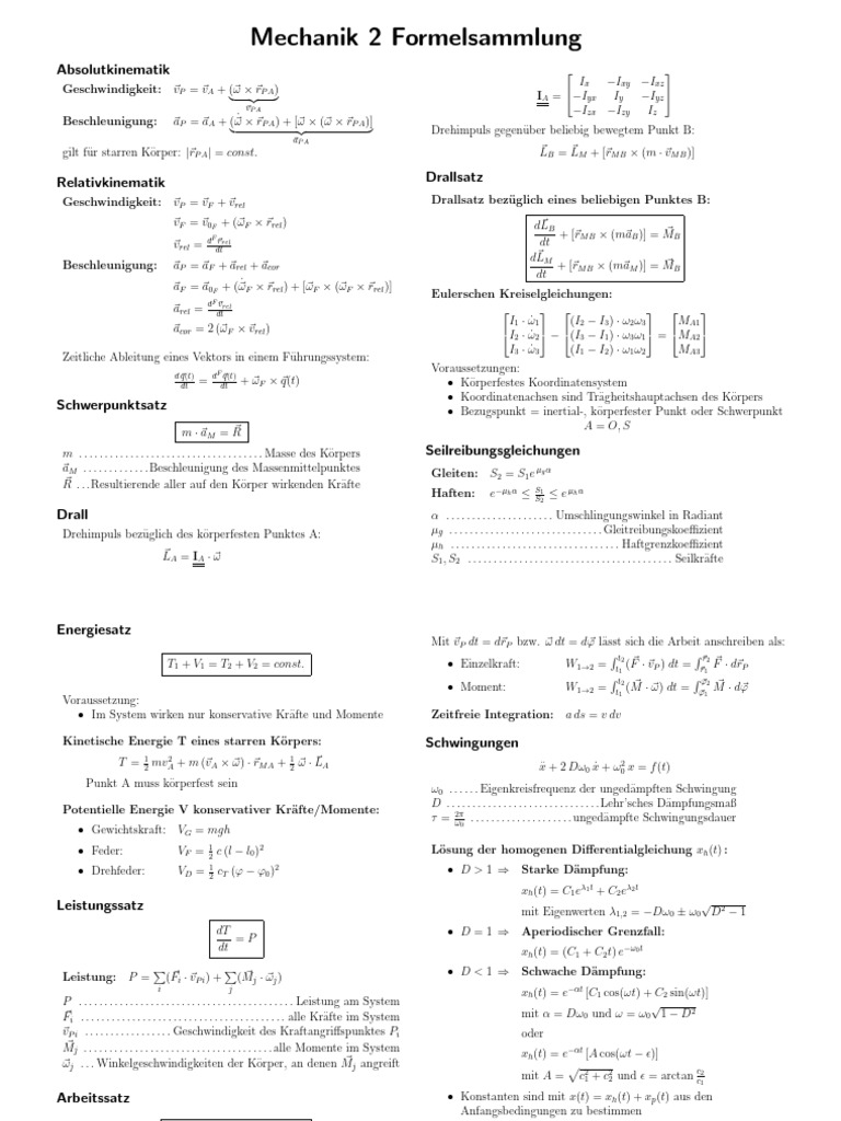 Formelsammlung Mechanik 2 | PDF
