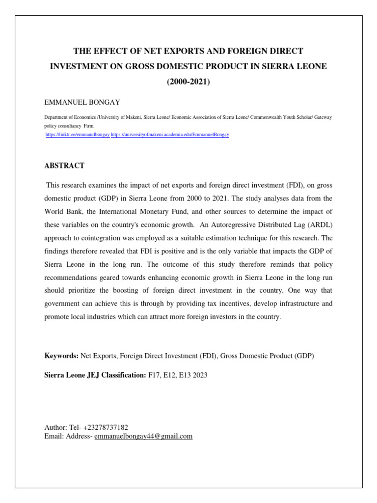 The Effect of Net Exports and Foreign Direct Investment On Gross ...