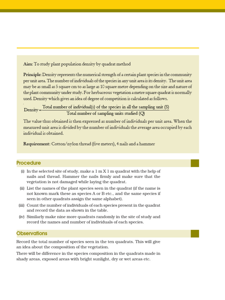 Population Density and Population Frequency by Quadrat Method XII Practical | Download Free PDF ...