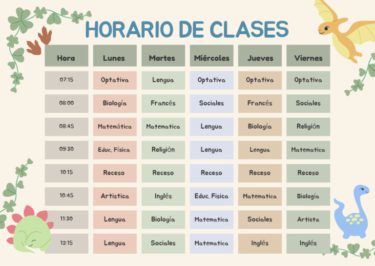 Horario de Clases Dinosaurios Diseño Plano Colorido Pastel | PDF ... Horario de Clases Dinosaurios Diseño Plano Colorido Pastel | PDF ...