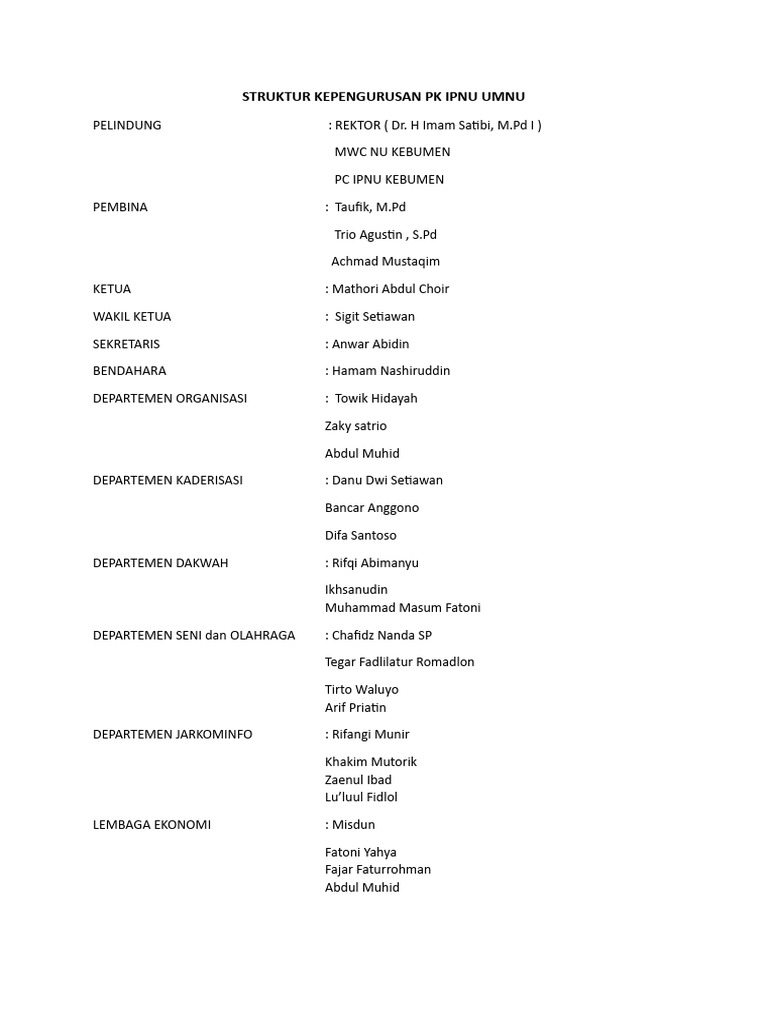 Struktur Kepengurusan PK Ipnu Umnu | PDF