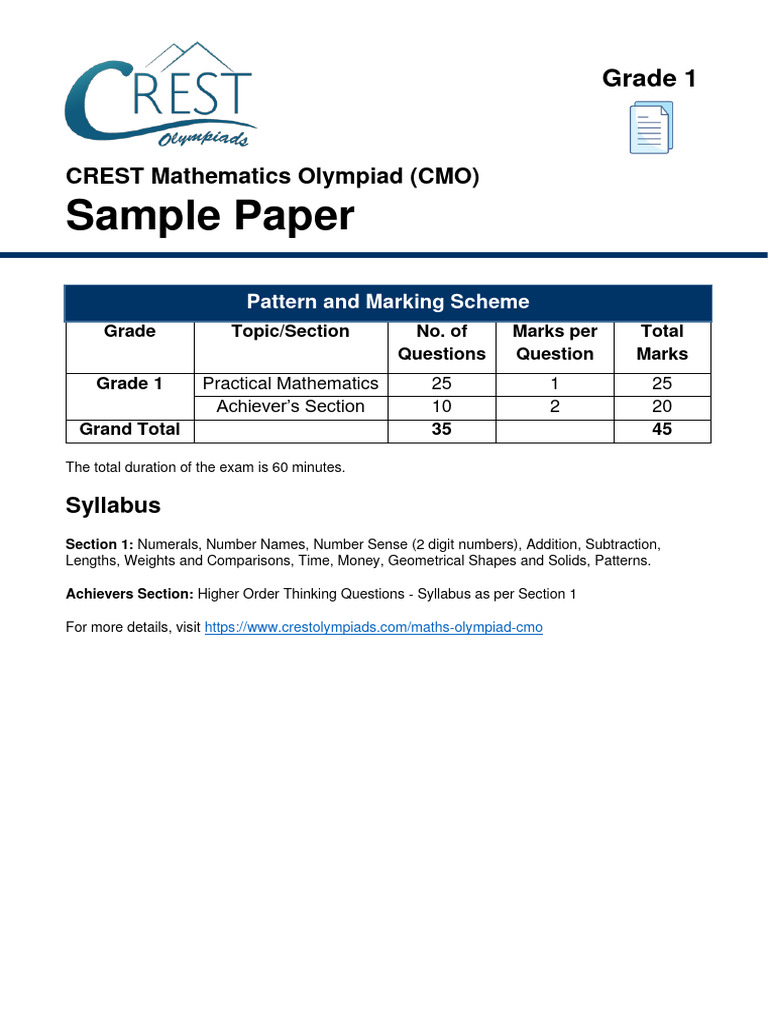 CMO Sample Paper For Class 1 | PDF | Mathematics | Science