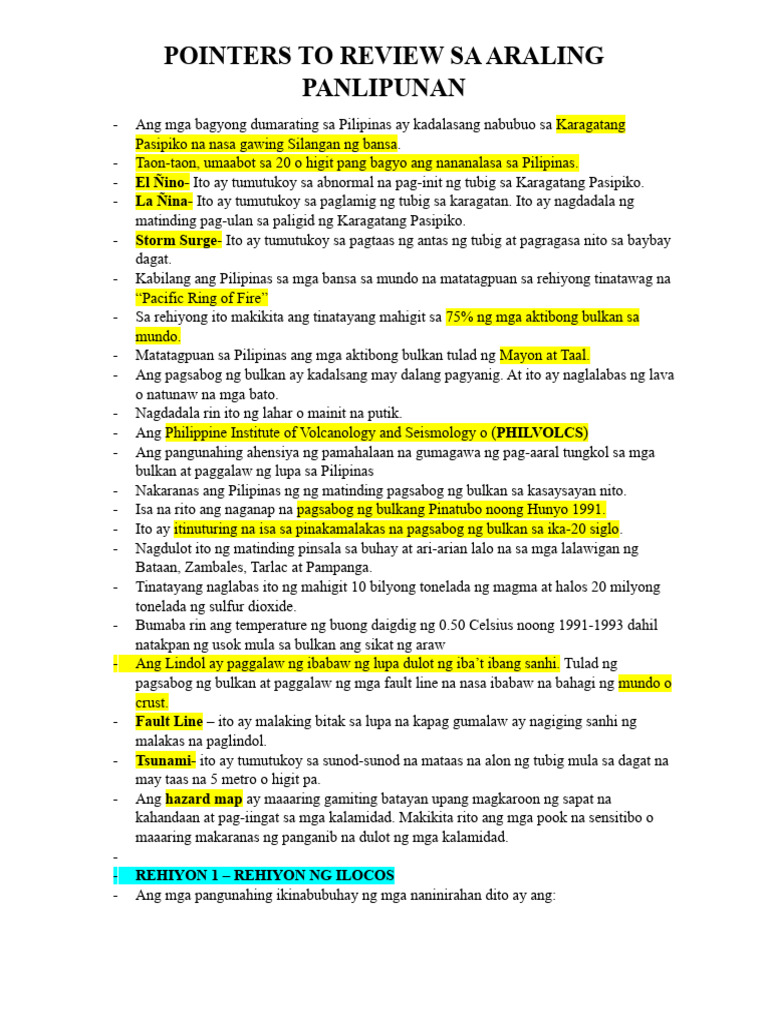 Pointers To Review Sa Araling Panlipunan | PDF