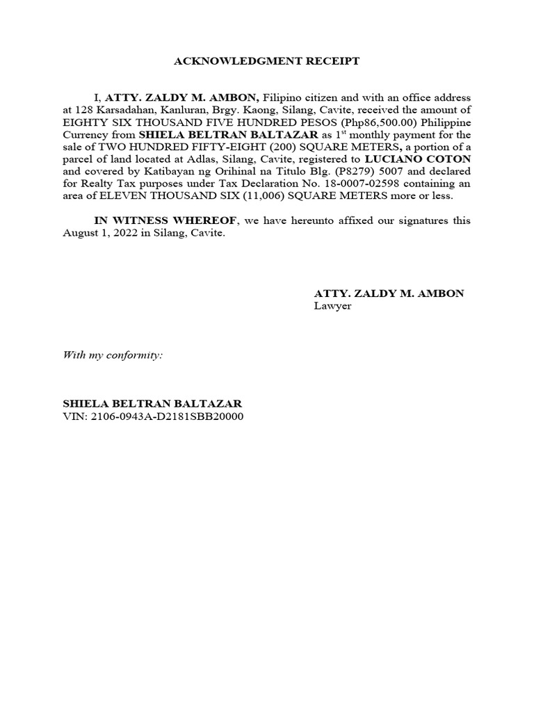 Acknowledgement Receipt - 1ST Monthly Payment For The Sale of Parcel of ...