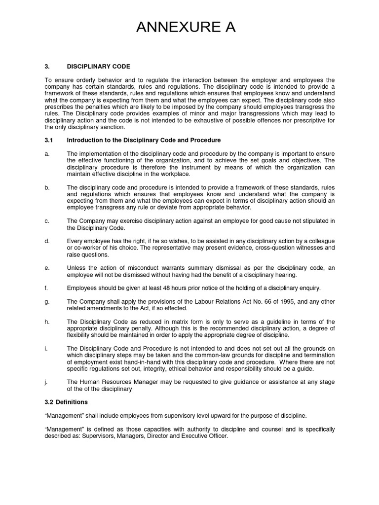 DISCIPLINARY CODE Anex A | PDF | Disciplines | Employment