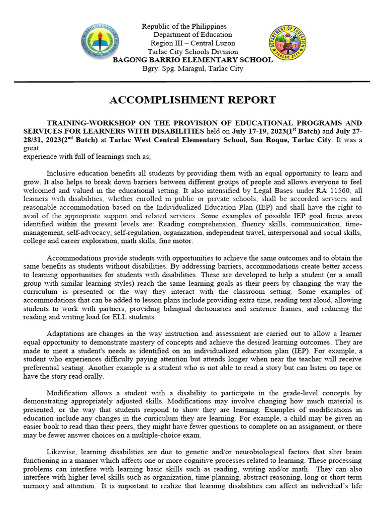 Special Education Accomplishment Report | PDF | Learning Disability ...