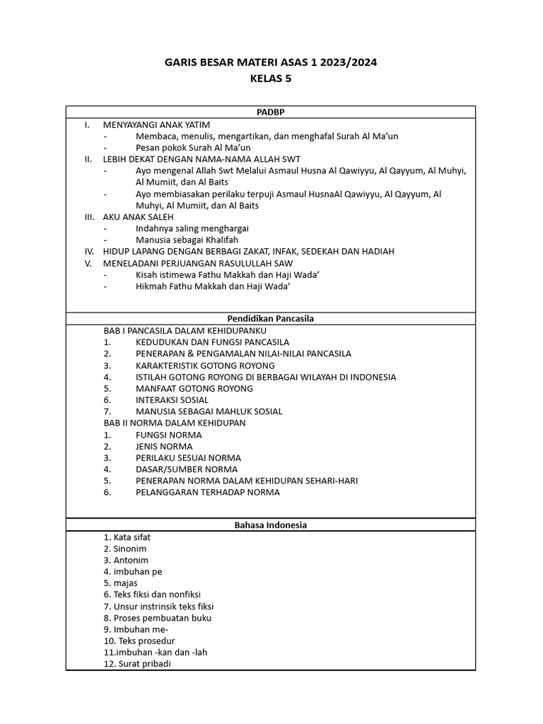 Garis Besar Materi ASAS Kls 5 | PDF | Kajian Bahasa Asing