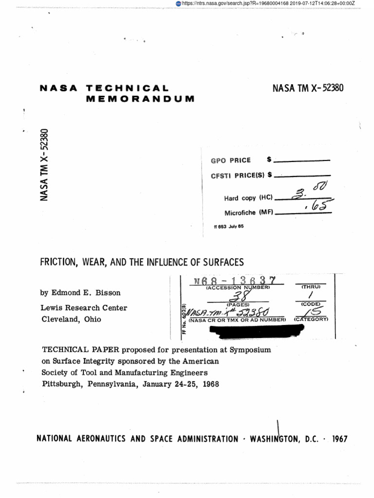 Article - Friction, Wear, and The Influence of Surfaces - Bisson (1968 ... Article - Friction, Wear, and The Influence of Surfaces - Bisson (1968 ...