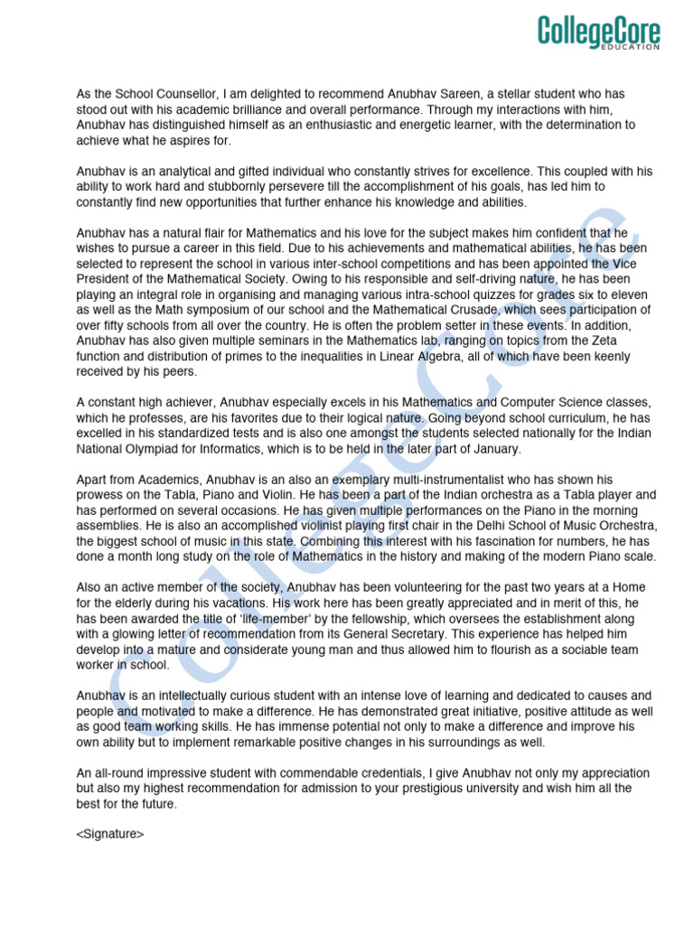 Sample Counsellor LOR 2 | PDF