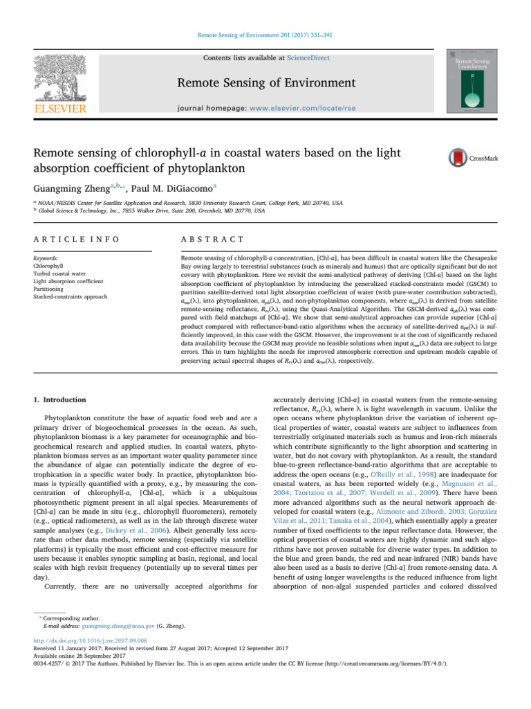 Remote Sensing of Chlorophyll A in Coastal Waters Based - 2017 - Remote ... Remote Sensing of Chlorophyll A in Coastal Waters Based - 2017 - Remote ...