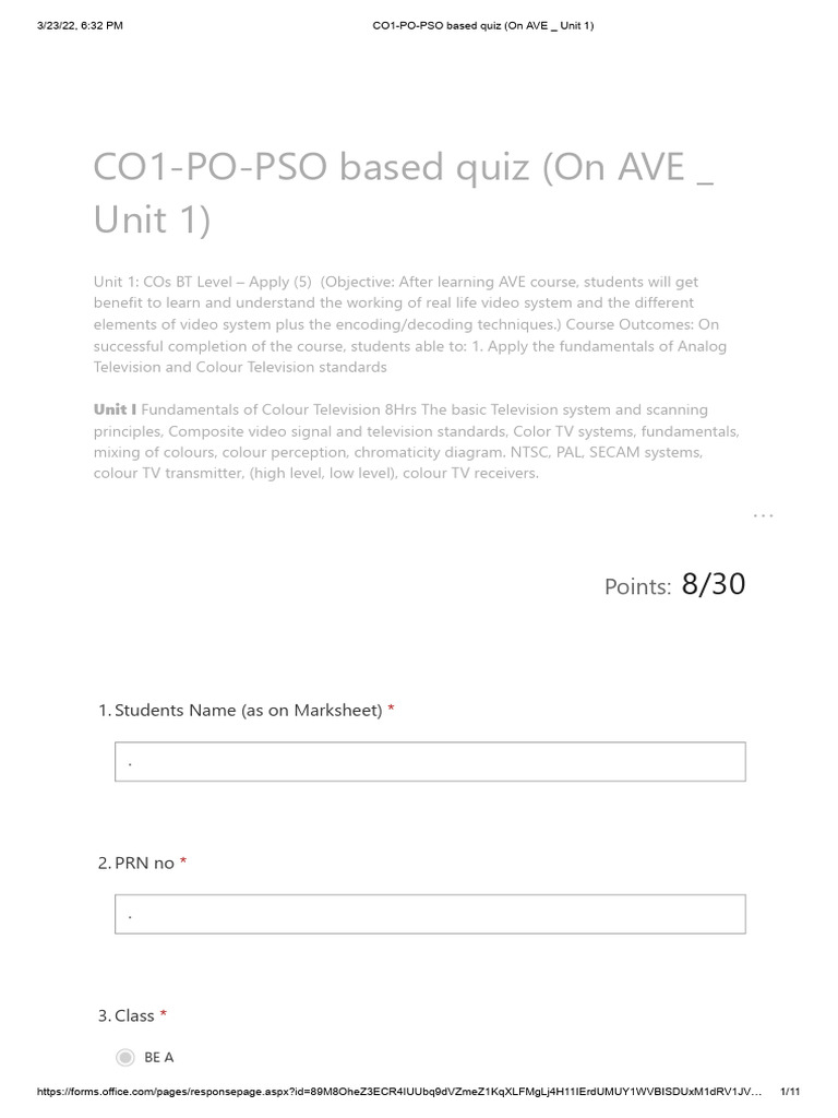 CO1-PO-PSO Based Quiz (On AVE - Unit 1) | PDF | Video | Television