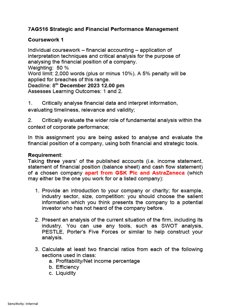 7AG516 Strategic and Financial Performance Management CW1 2023 - 24 | PDF | Critical Thinking ...